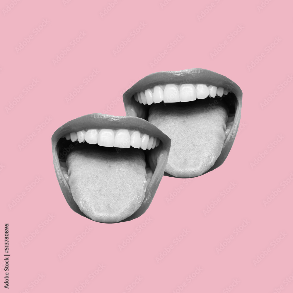 Black and white women's wide open mouths showing tongues isolated on a ...
