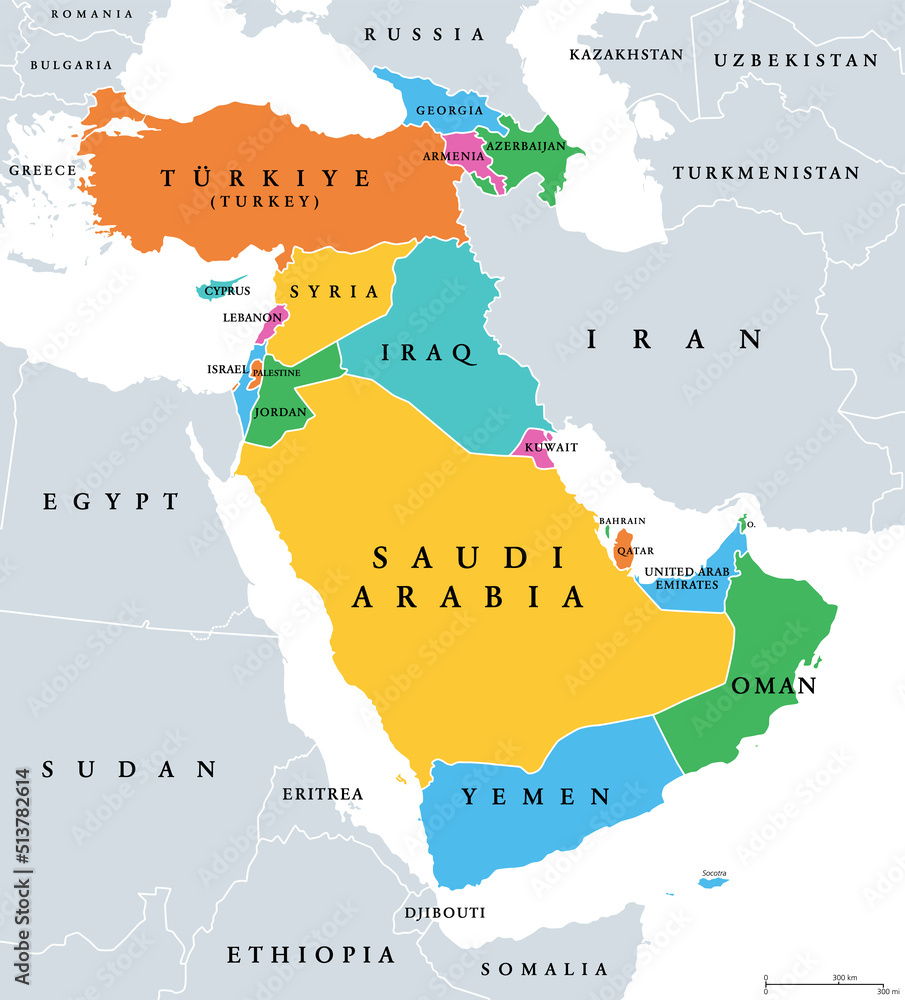 Western Asia, geoscheme and political map. Subregion of Asia, used for ...