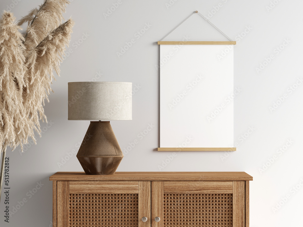 Poster mockup in boho living room interior, 3d render Stock ...