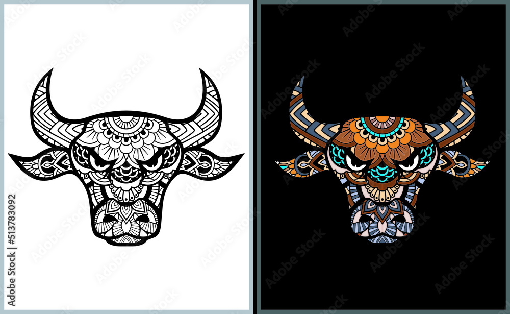 Colorful Bull head doodle arts. Bull coloring page Stock Vector | Adobe ...