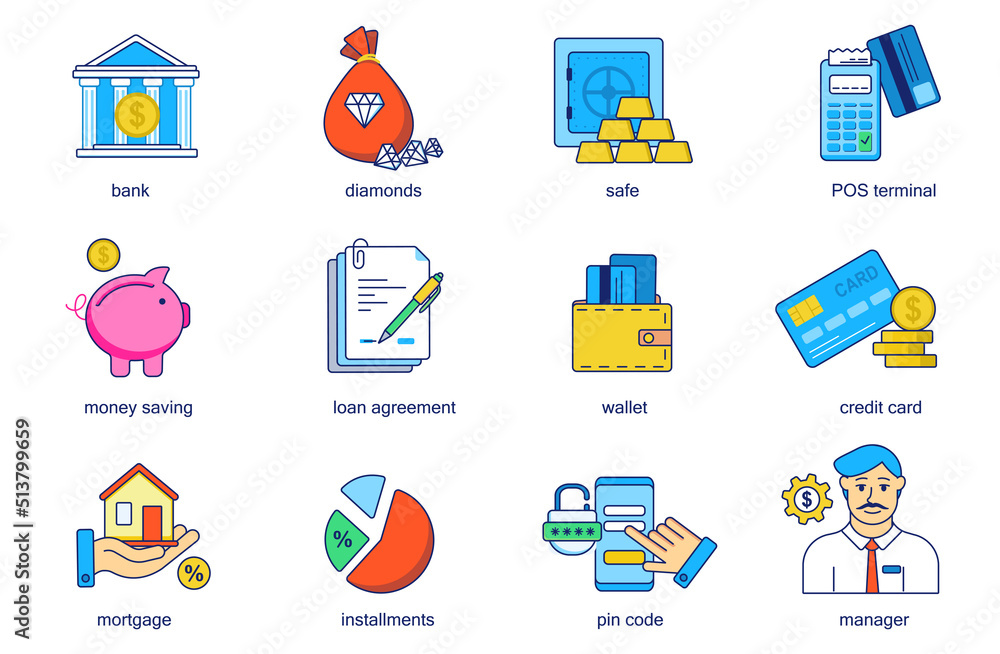Banking concept line icons set. Pack outline pictograms of bank ...