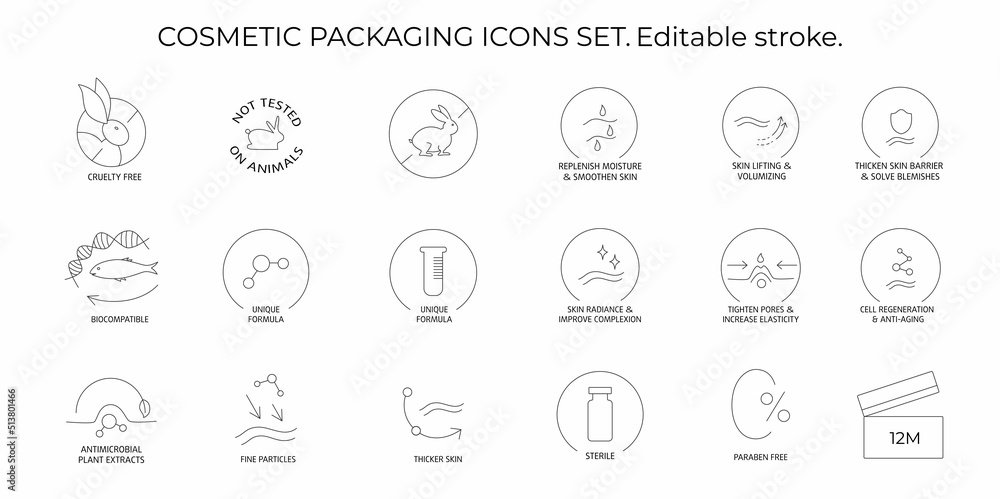 Cosmetic packaging icons set. Editable stroke. Vector stock ...