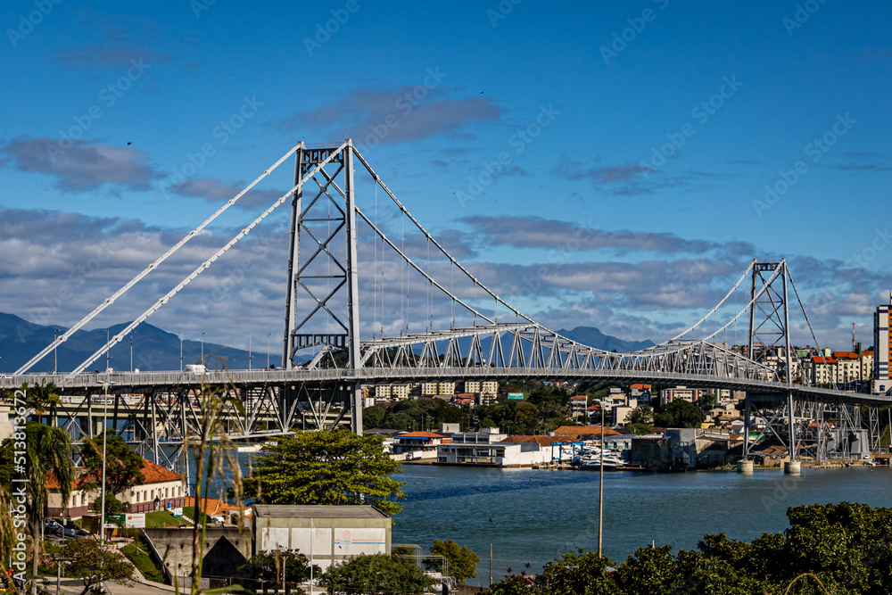 Sunny day view of the Hercilio Luz suspension bridge. The longest ...