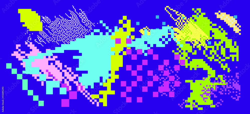 Trendy vaporwave background with pixel art chaotic composition. Concept ...