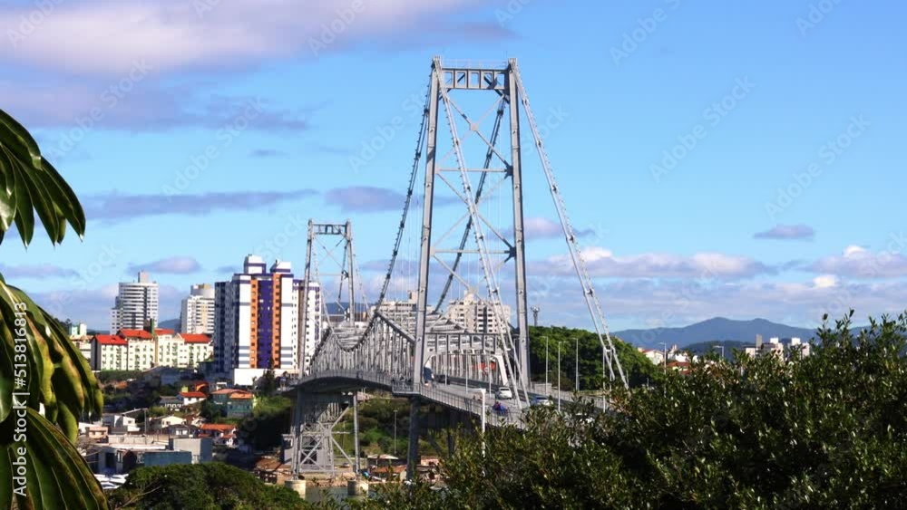 Sunny day view of the Hercilio Luz suspension bridge. The longest ...
