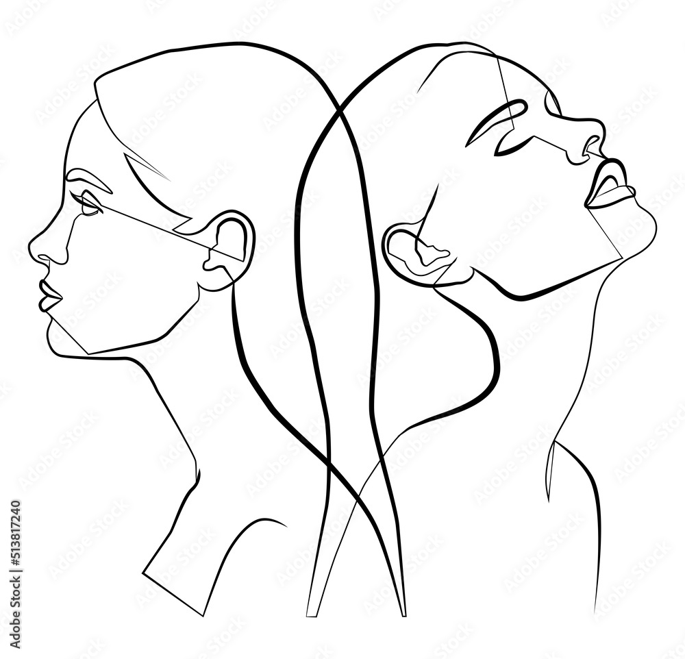 One line. Two faces in one line. Portrait. Face. Two faces online ...