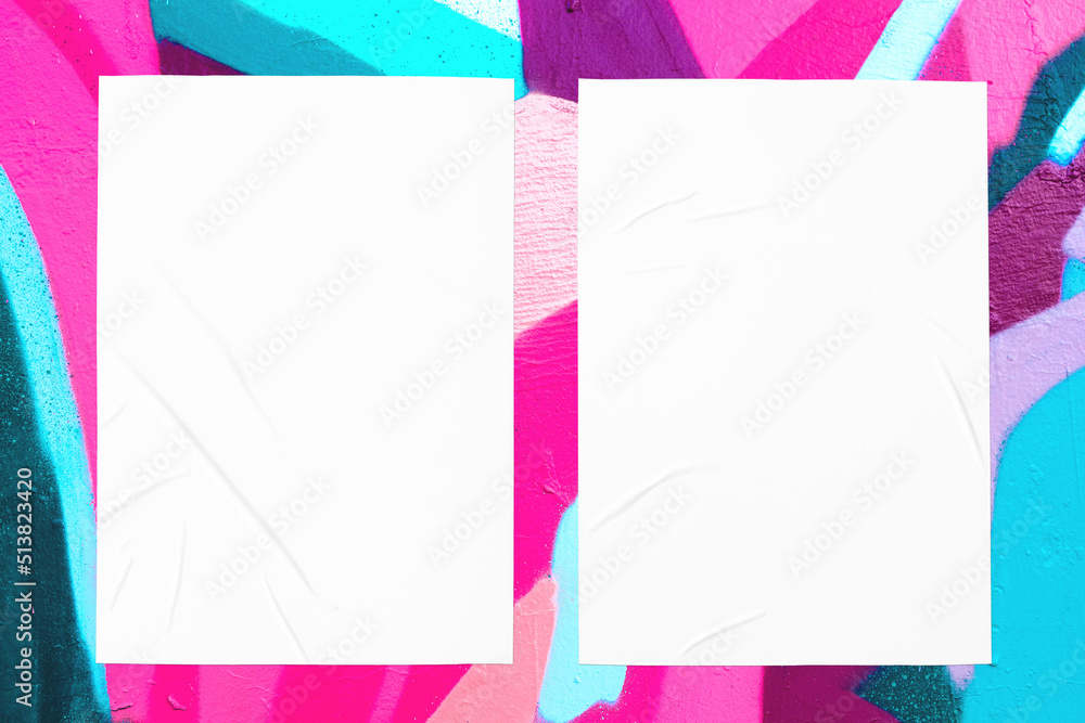 Colorful messy painted pink, purple, teal urban wall texture with two ...