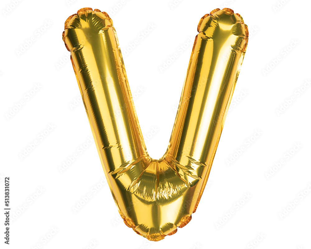 English Alphabet Letters. Letter V. Balloon. Yellow Gold foil helium ...