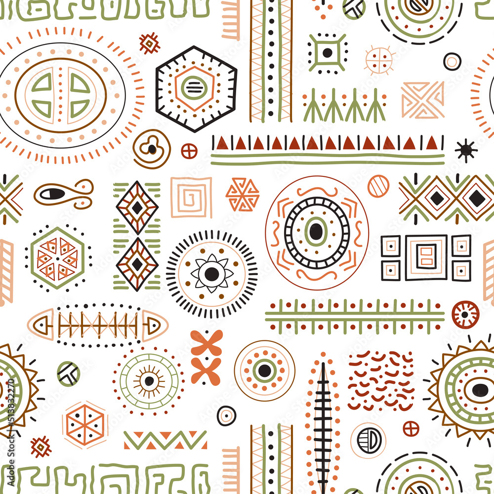 Abstract African art shapes seamless background, tribal geometric ...