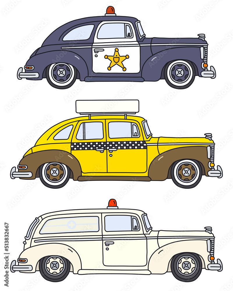 The vectorized hand drawing of three retro big american cars Stock ...