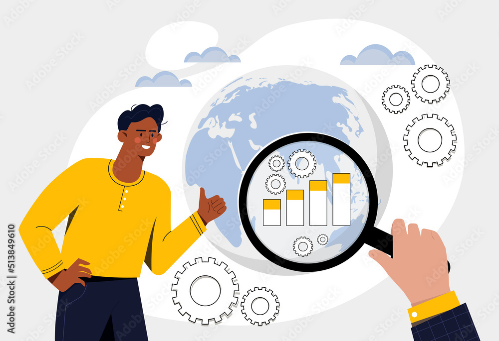 Market analysis concept. Guy analyzes rocket graphs, diagrams and ...
