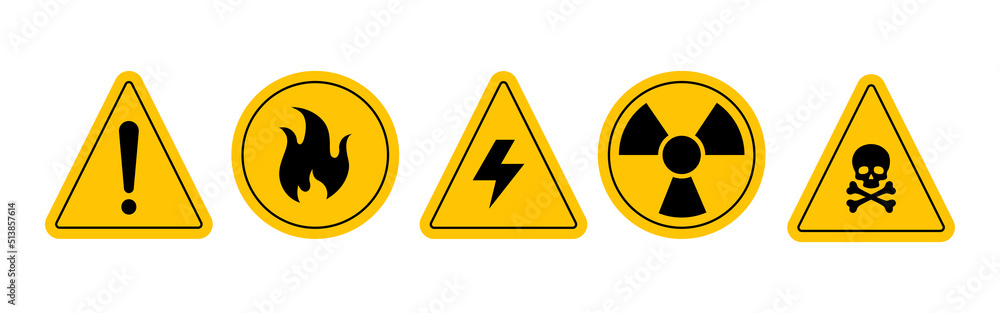Set of hazard warning signs. Black yellow triangle warning safety and ...