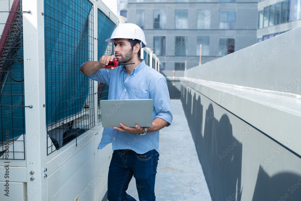 Engineer under checking the industry chilled water fan coil unit air ...