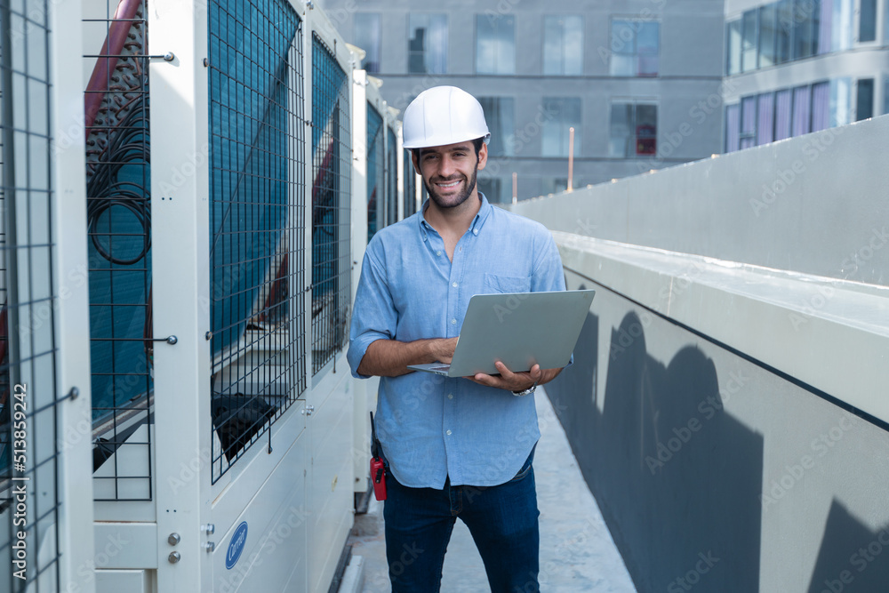 Engineer under checking the industry chilled water fan coil unit air ...