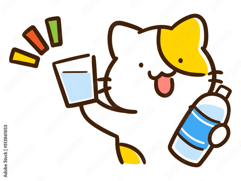 水分補給をするかわいいねこのデフォルメイラスト Stock ベクター | Adobe Stock