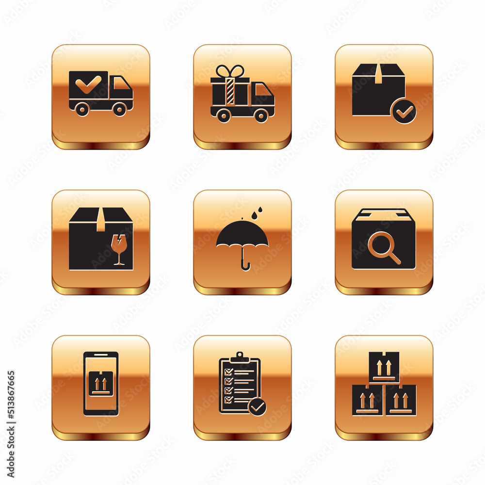Set Delivery truck with check mark, Mobile app tracking, Verification of delivery list, Umbrella ...
