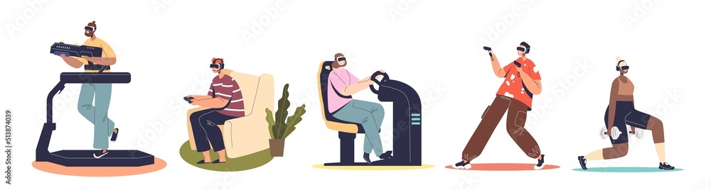 Virtual reality set. Cartoon character in 3d vr glasses playing video ...