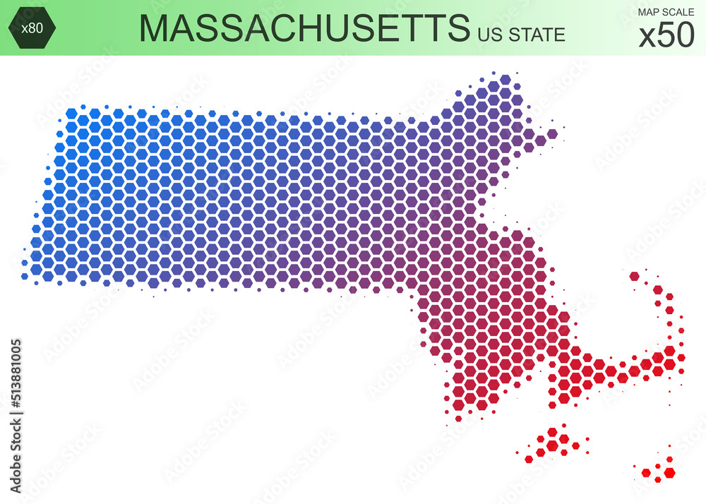 Dotted map of the state of Massachusetts in the USA, from hexagons, on ...