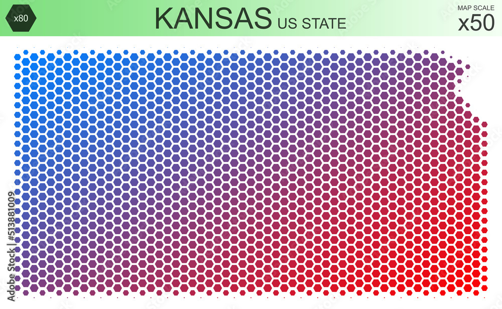Dotted map of the state of Kansas in the USA, from hexagons, on a scale ...