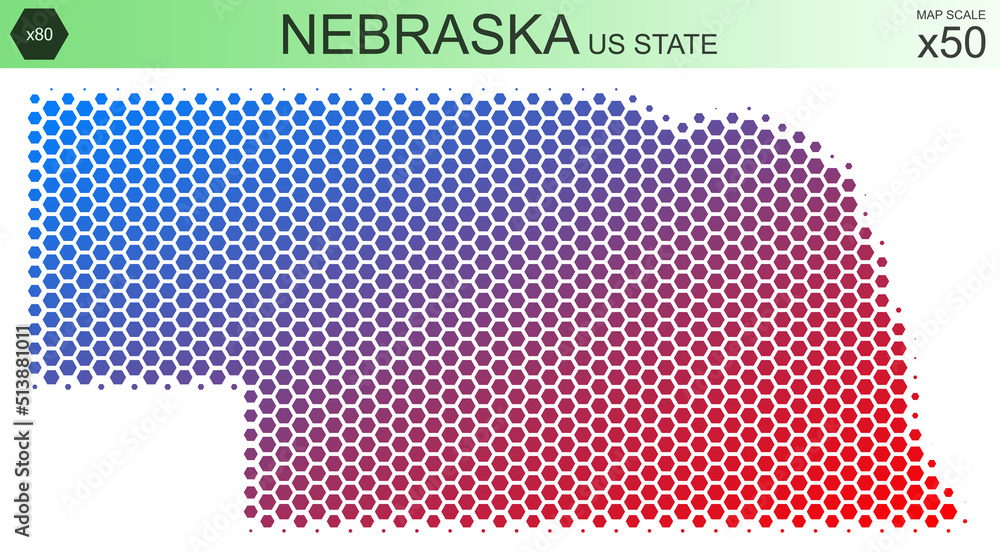 Dotted map of the state of Nebraska in the USA, from hexagons, on a ...