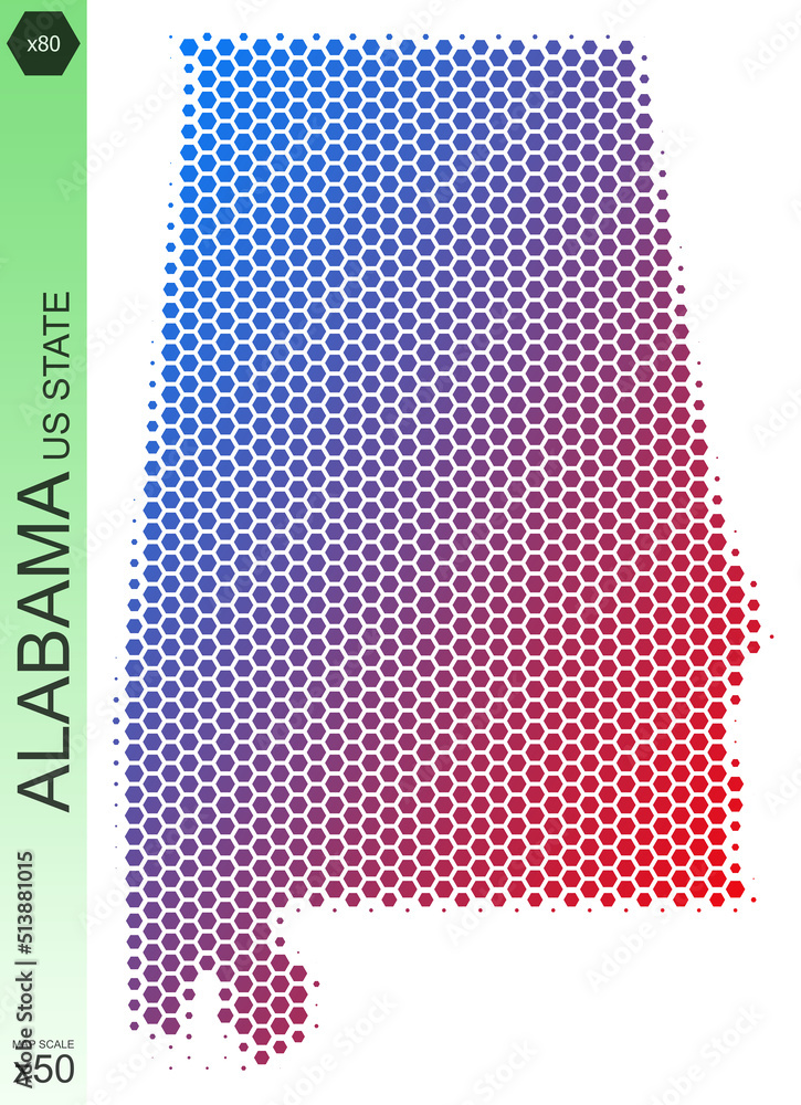 Dotted map of the state of Alabama in the USA, from hexagons, on a ...