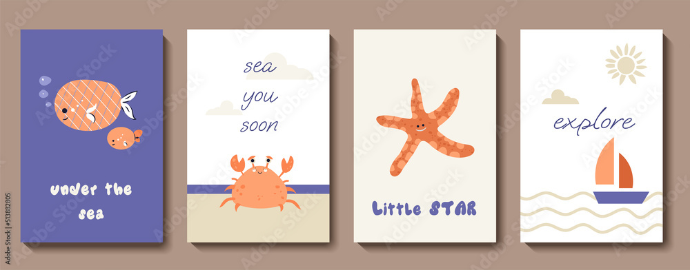 Cute undersea world card set. Ocean sea nursery posters with fish, crab ...