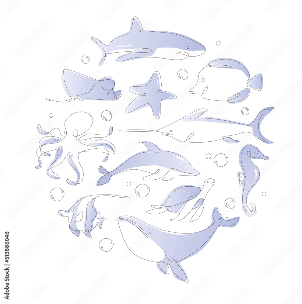 One line sea life set. Underwater outline animals. Line art ocean and ...
