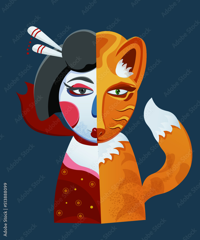 Concept two portrait japan geisha girl with fox. Vector isolated ...