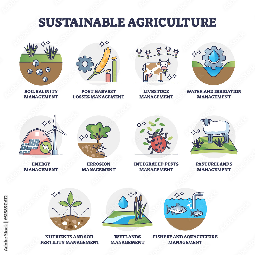Sustainable agriculture set with eco harvest management outline ...