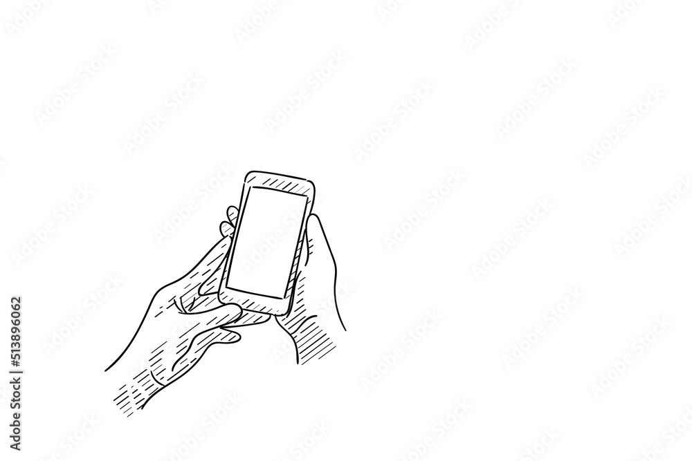 Mobile smart phone in hands, sketch Drawing vector illustration ...