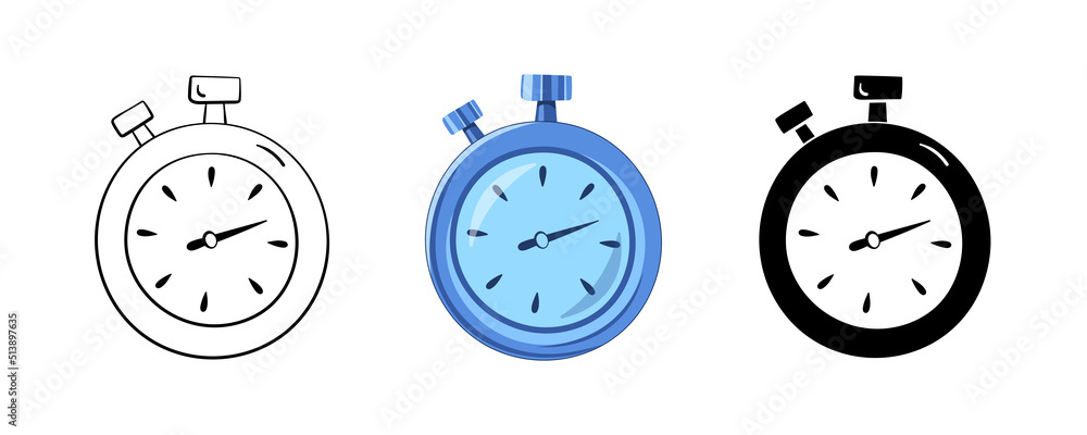 Stopwatch set in cartoon style, vector illustration. Timer icon for ...