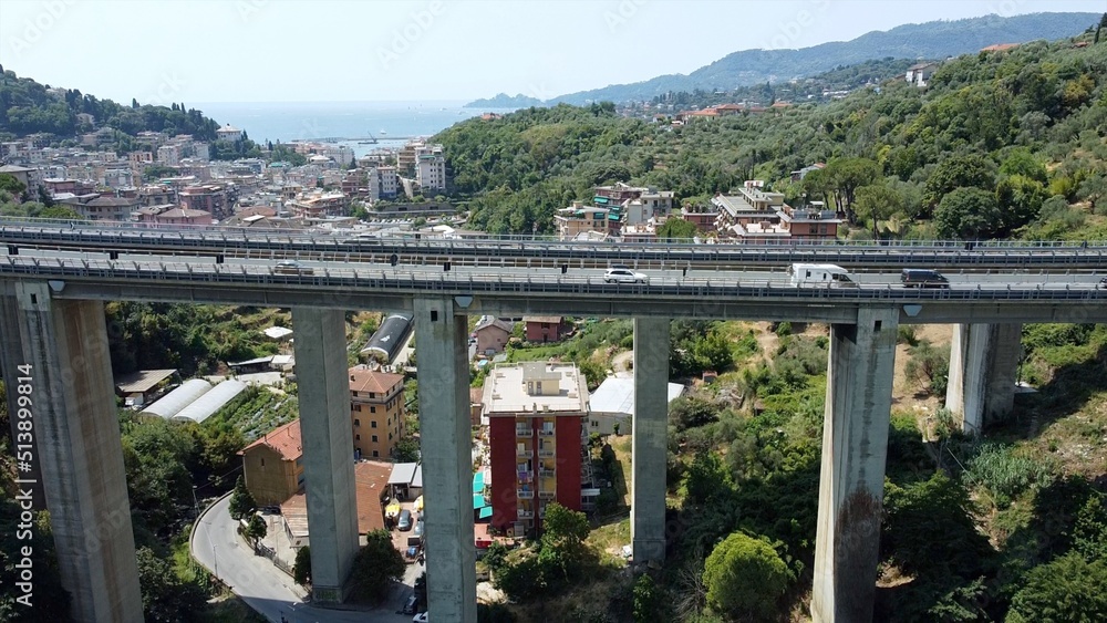 motorway viaduct suspended on high concrete pylons in Liguria near ...