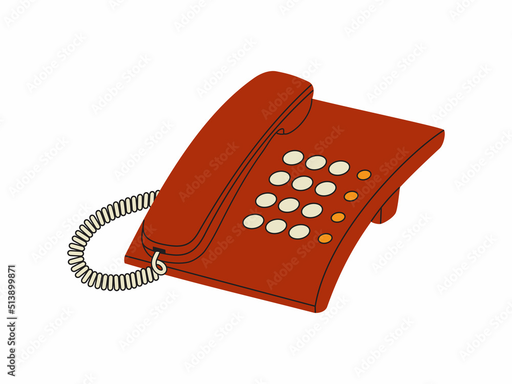 Red retro wired phone with buttons. Communication device from 90s. Hand ...