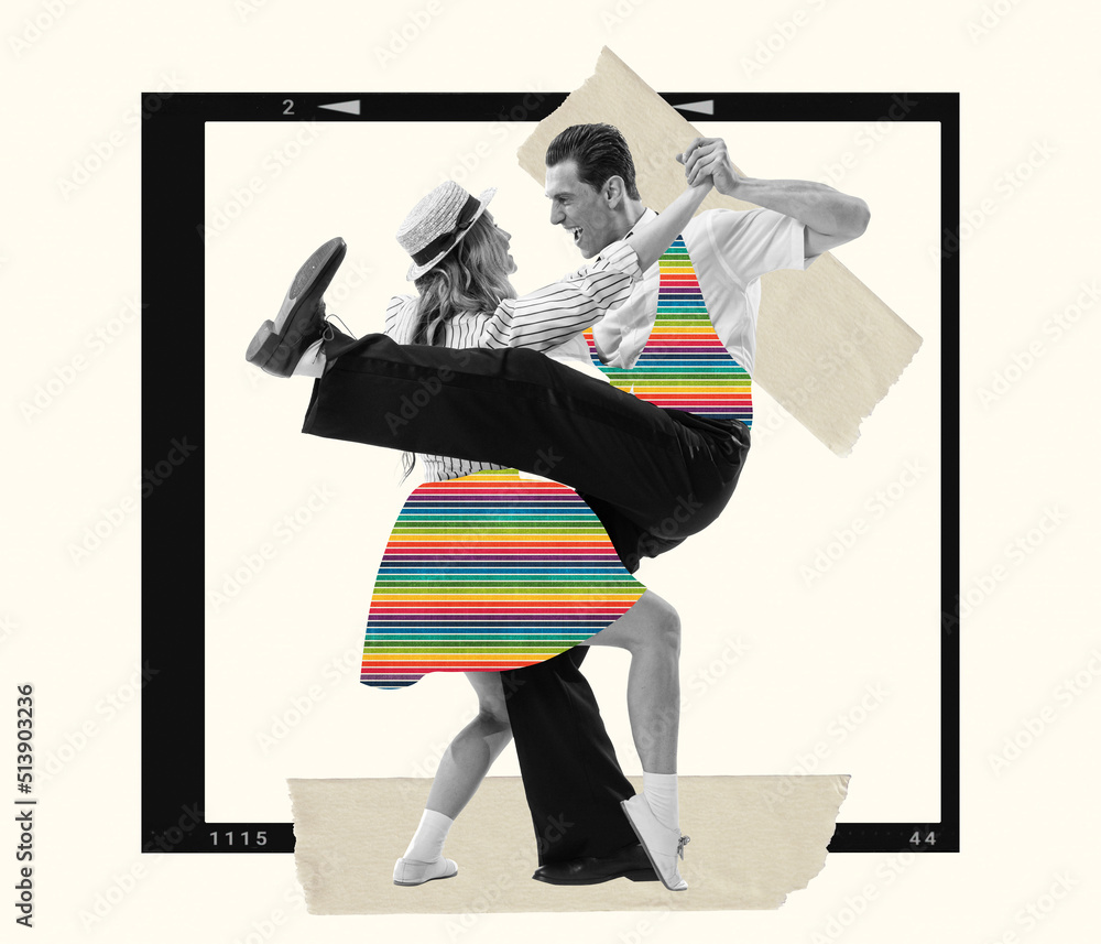 Energetic excited dancing couple in bright retro 70s, 80s style outfits ...