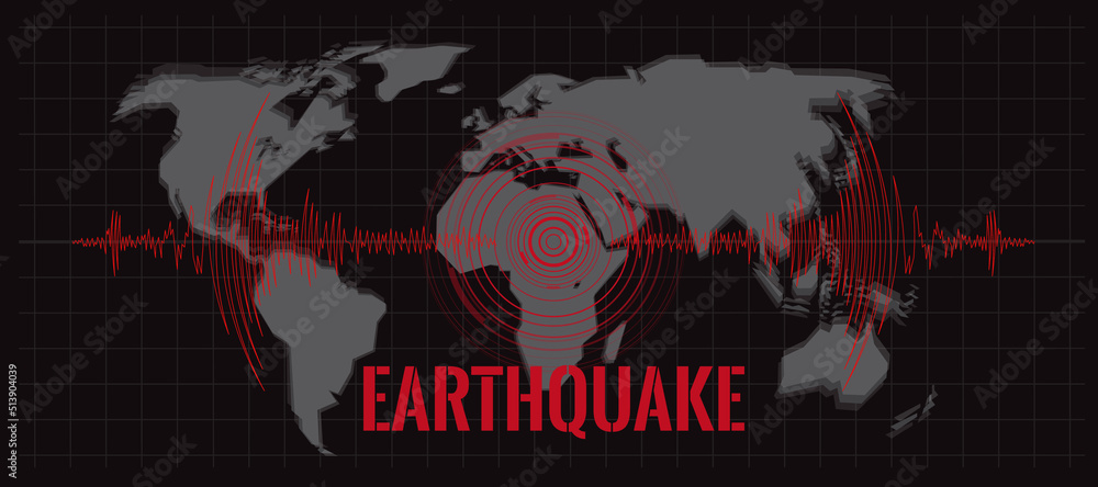 Earthquake concept with text and red curve wave and circle vibration on ...