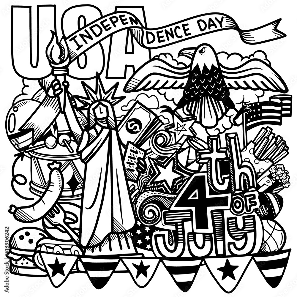 4th of July. Fourth of July doodle set , USA independence day ...