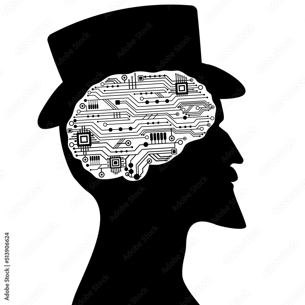 Beautiful communication old man profile with circuit techno human brain ...