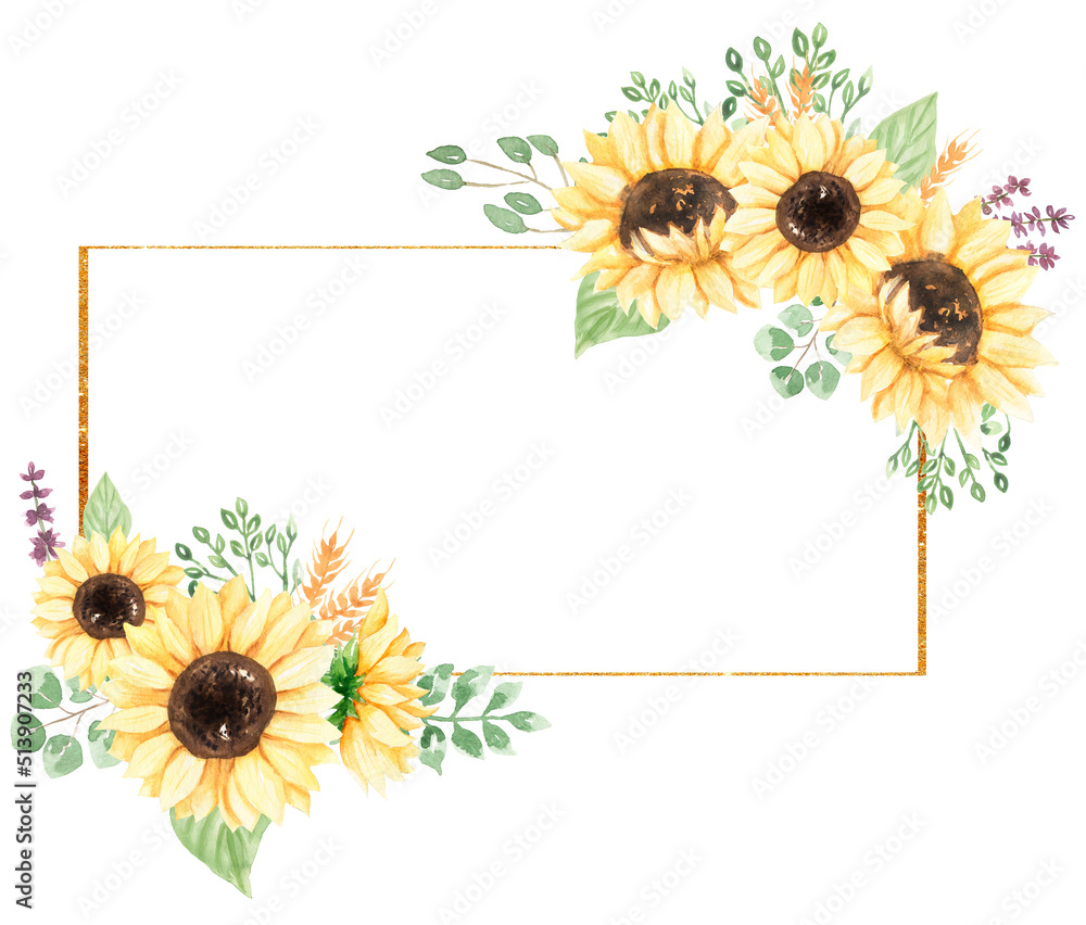 Sunflower Border Clipart, Watercolor Meadow flowers Frame, Rustic ...