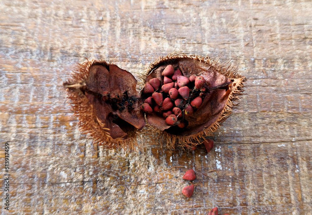 Brazilian Urucum Annatto Seeds on rustic background. Centered Open ...