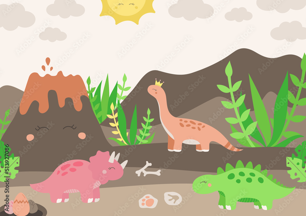 Dinosaur world vector illustration. Cute prehistoric background ...