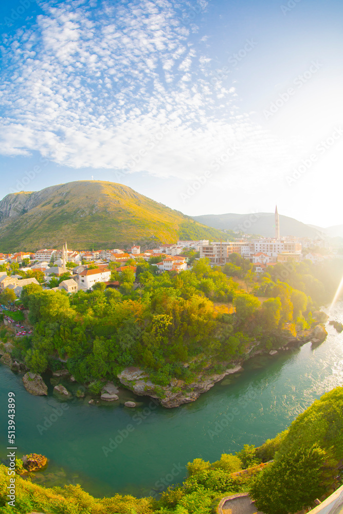 Fantastic Skyline of Mostar with the Mostar Bridge, houses and minarets ...