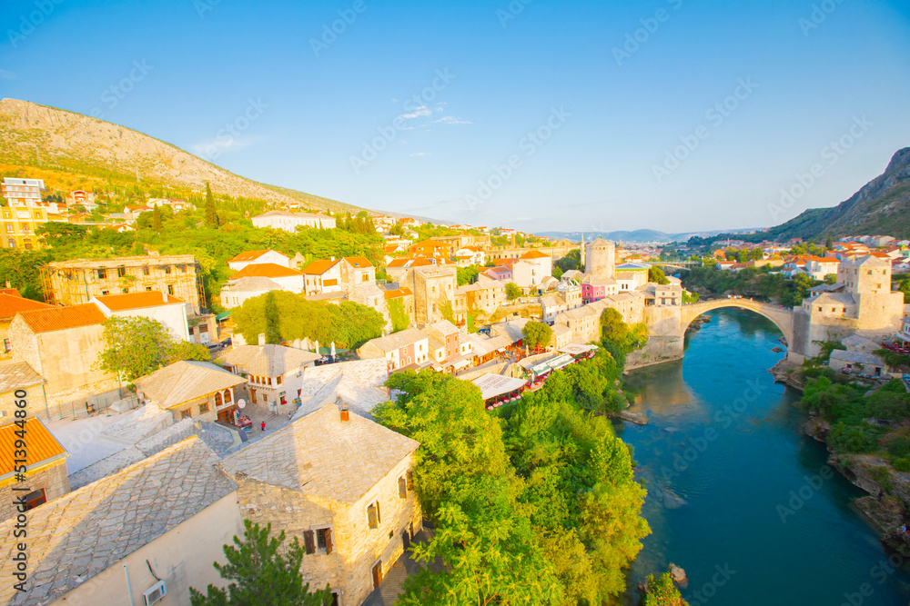 Fantastic Skyline of Mostar with the Mostar Bridge, houses and minarets ...