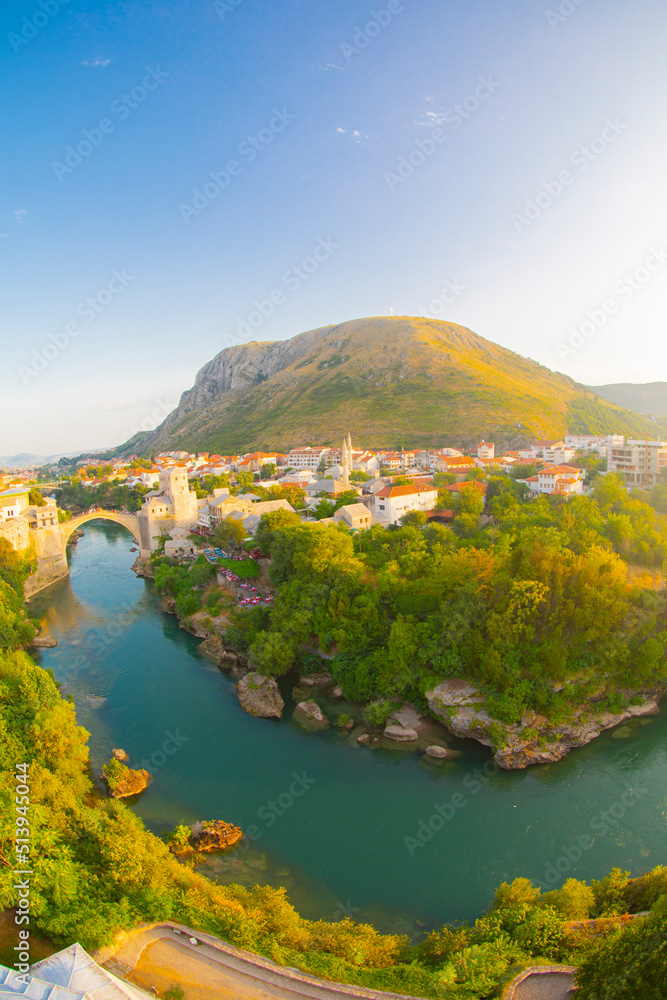 Fantastic Skyline of Mostar with the Mostar Bridge, houses and minarets ...