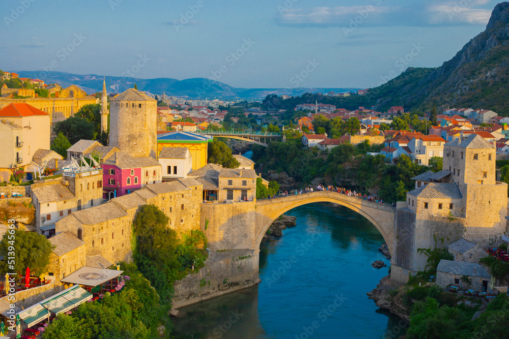 Fantastic Skyline of Mostar with the Mostar Bridge, houses and minarets ...