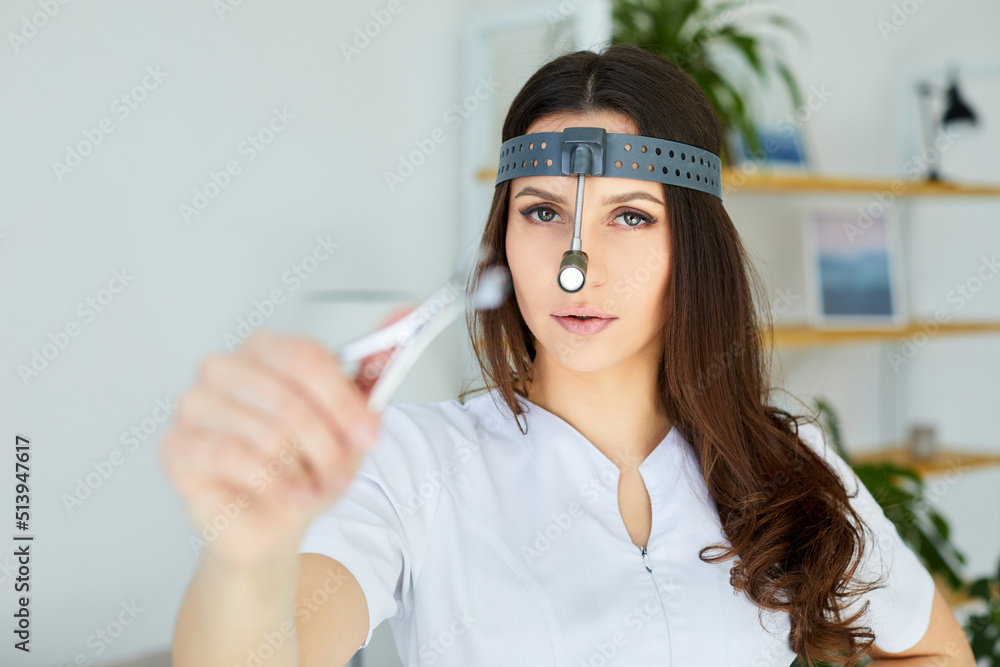 Instruments ENT doctor close-up with hand. Therapist. Female ENT doctor ...