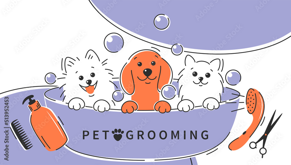 Pet grooming. Cartoon dogs and cat taking a bath full of soapy suds ...