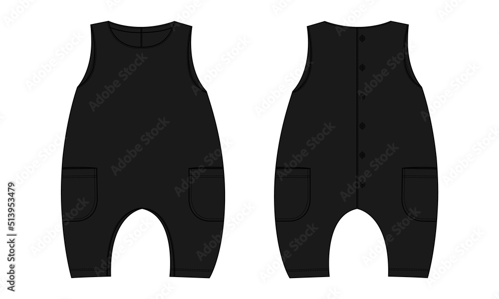 Sleeveless baby romper Overall technical fashion flat sketch drawing ...