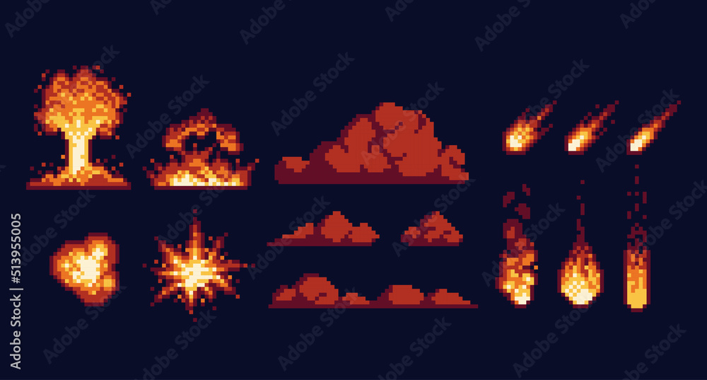 Nuclear mushroom cloud, bomb explosion pixel art set. Fire rain, blast ...