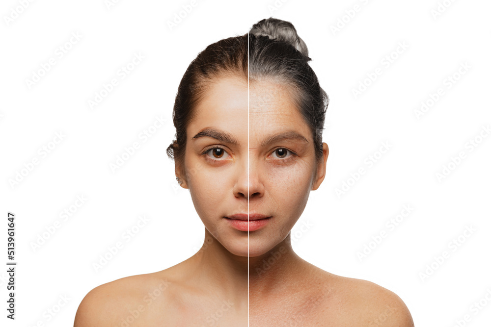 Composite image with girl in comparison youth and maturity. Skin aging ...