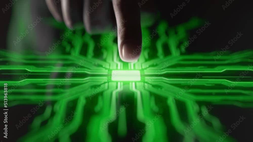 Digitalization Concept: Human Finger Pushes Touch Screen Button and ... Digitalization Concept: Human Finger Pushes Touch Screen Button and ...